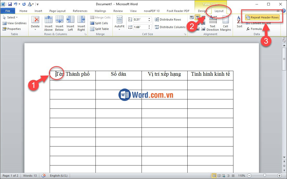 C ch L p L i D ng Ti u C a B ng C c Trang Trong Word